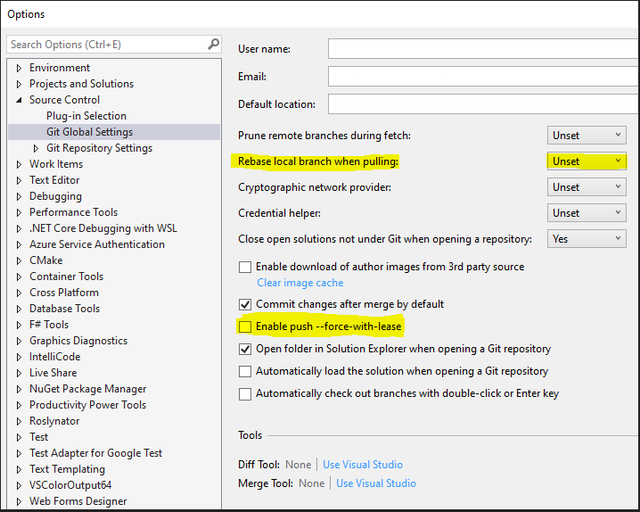 How to configure Visual Studio to enable git rebase